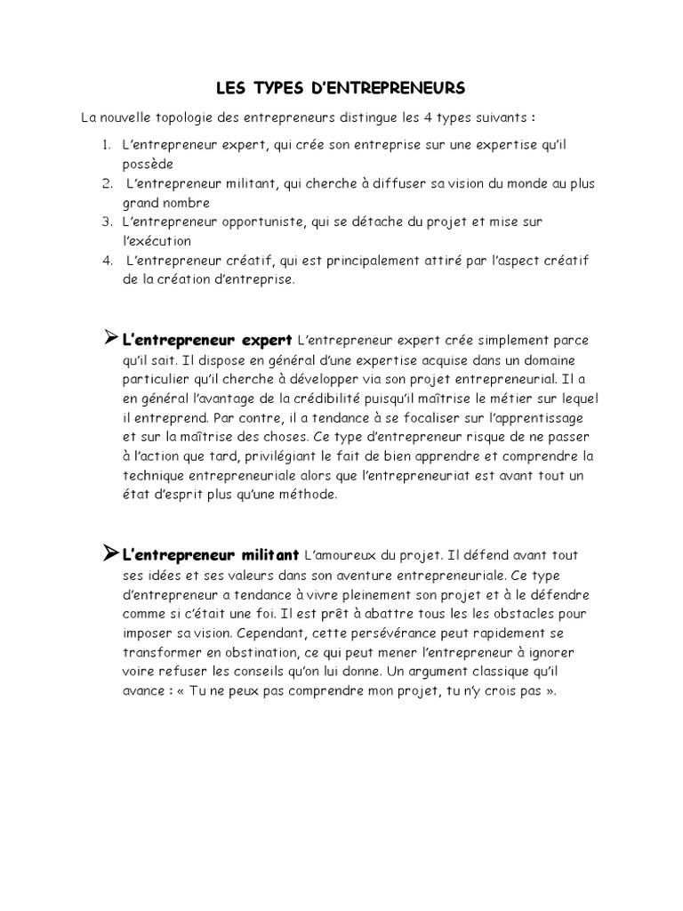 Les 4 types d'entrepreneurs | PDF