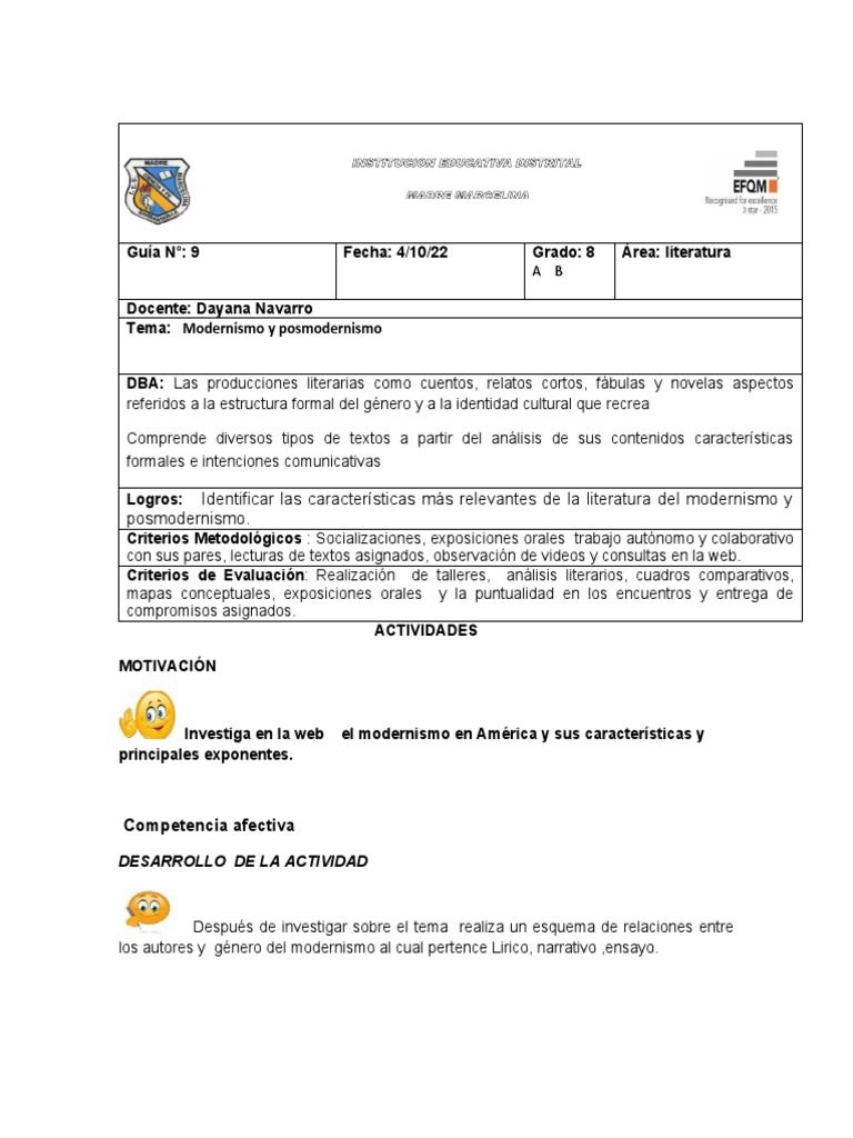 Guía N 9 Modernismo Y Posmodernismo 8 Pdf