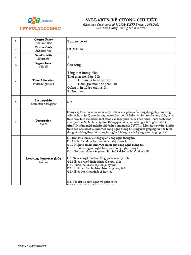 COM1014 - Tin Hoc Co So - Syllabus - FA21 | PDF