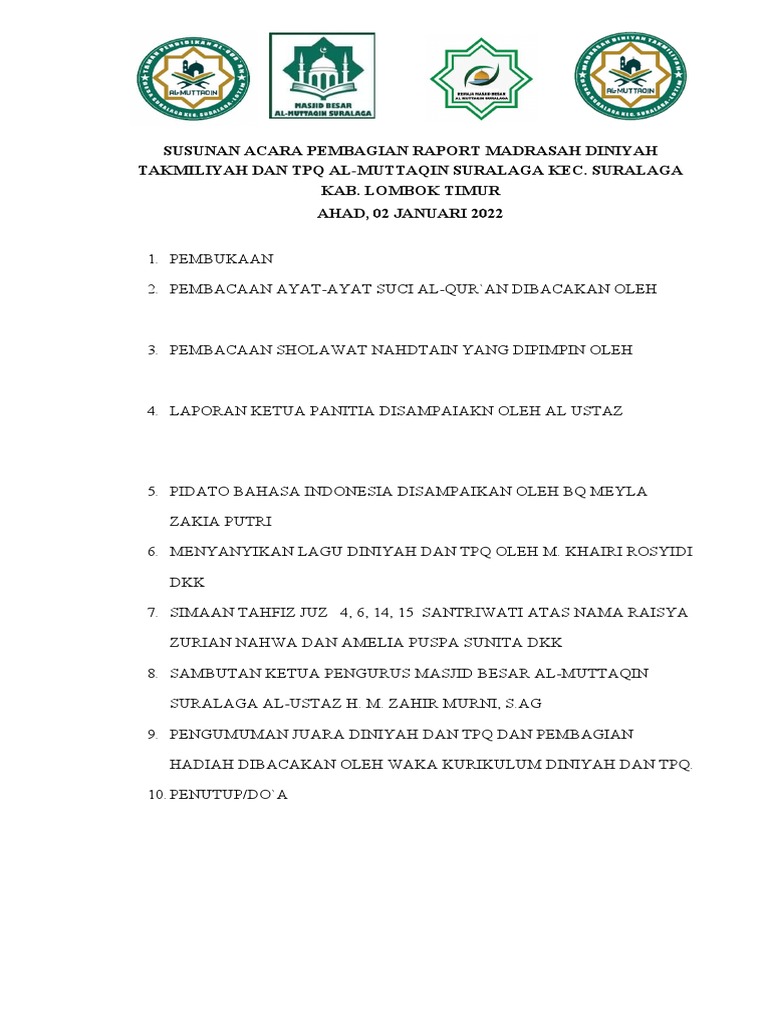 Susunan Acara Pembagian Raport Madrasah Diniyah Takmiliyah Dan TPQ Al | PDF