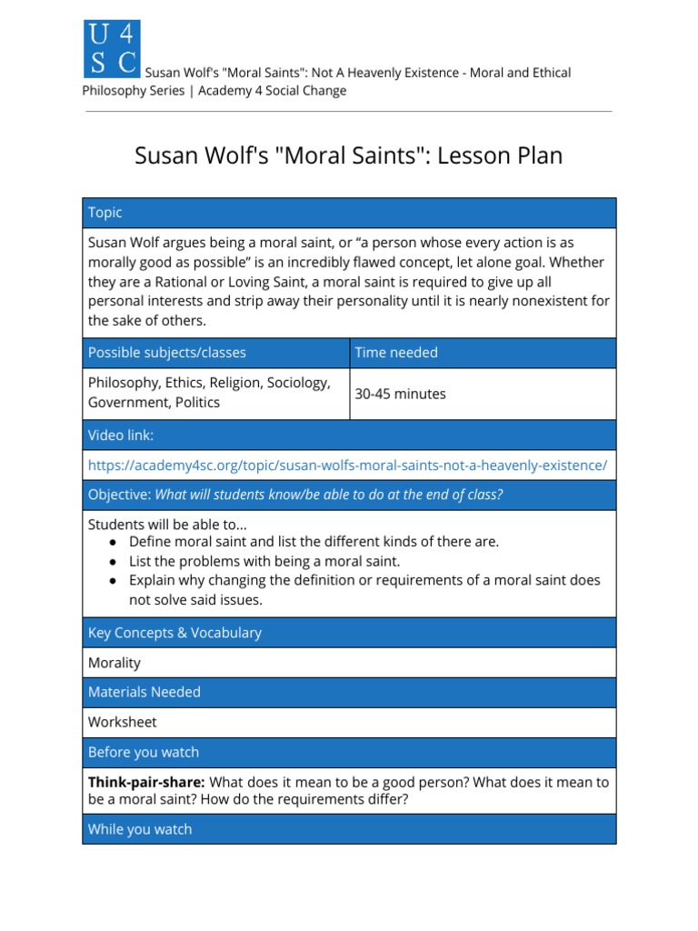 Susan Wolfs - Moral Saints - Lesson | PDF | Self-Improvement | Science ...