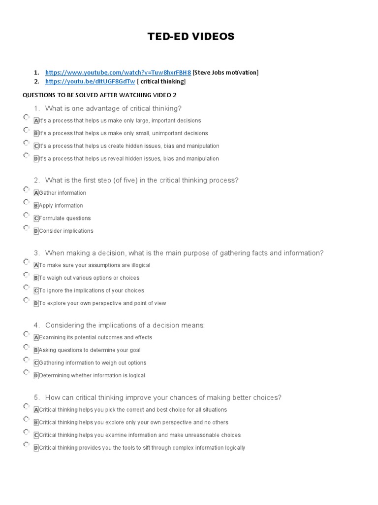 Ted-Ed Video 1 Worksheet | PDF