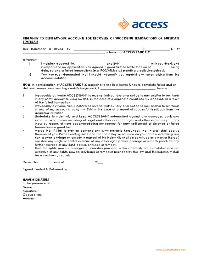 Indemnity Exceptional Reversal Form | PDF | Indemnity | Banks
