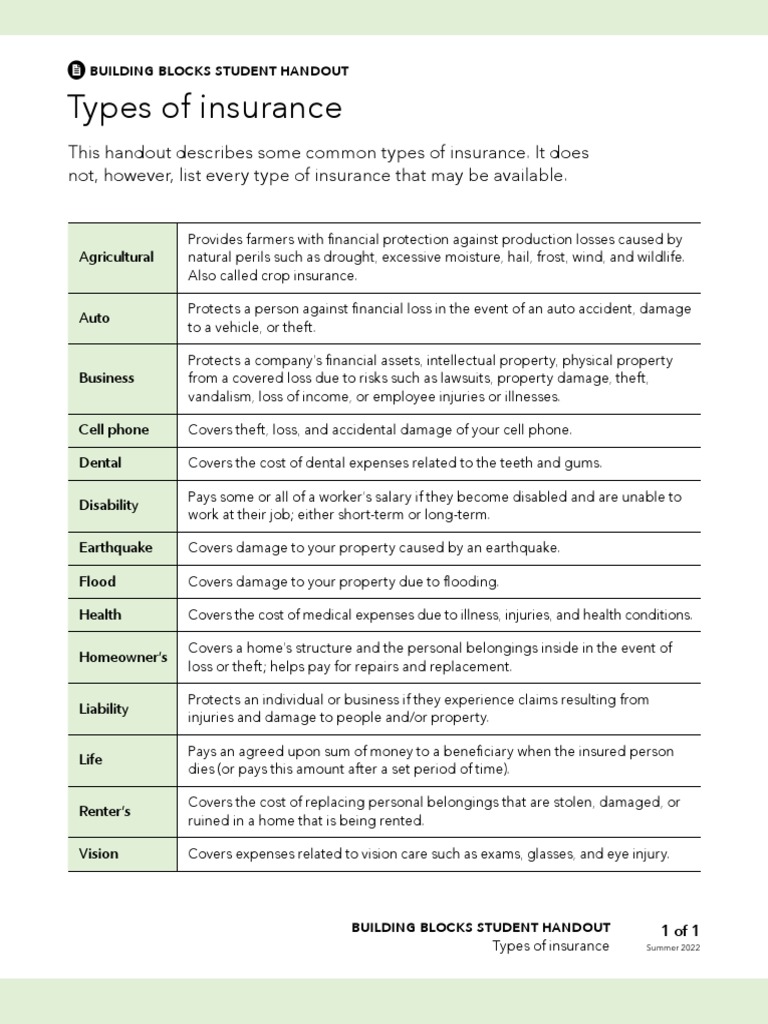 CFPB Building Block Activities Types-Of-Insurance Handout | PDF