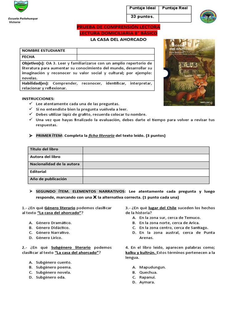 PRUEBA DE LECTURA 8° BÁSICO La Casa Del Ahorcado | PDF