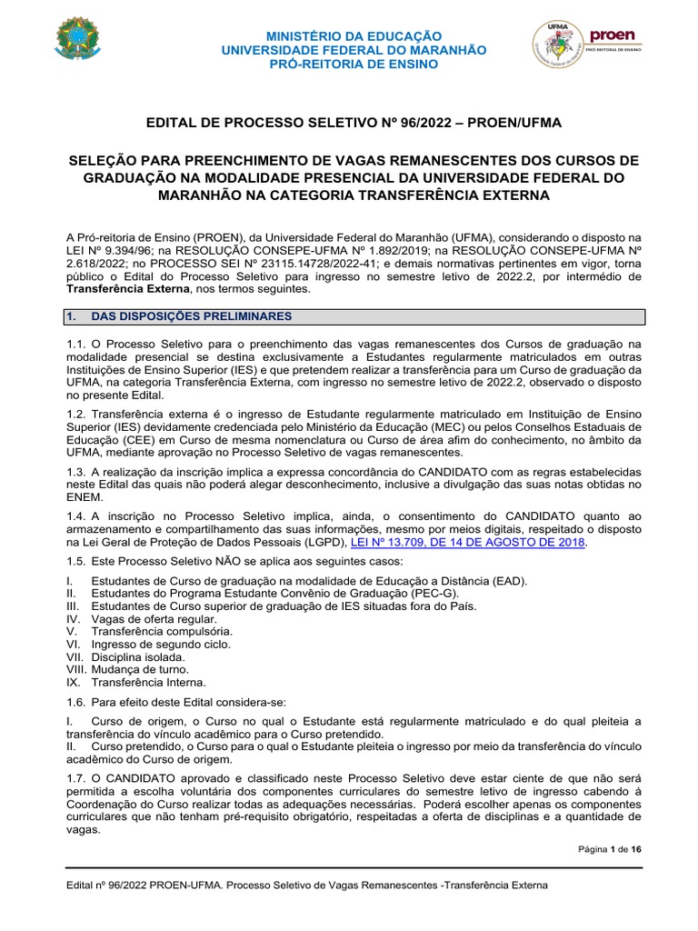 Edital-No-96 2022-2-Proen Ufma Transferencia Externa Oficial-1 | PDF | Ensino Superior ...