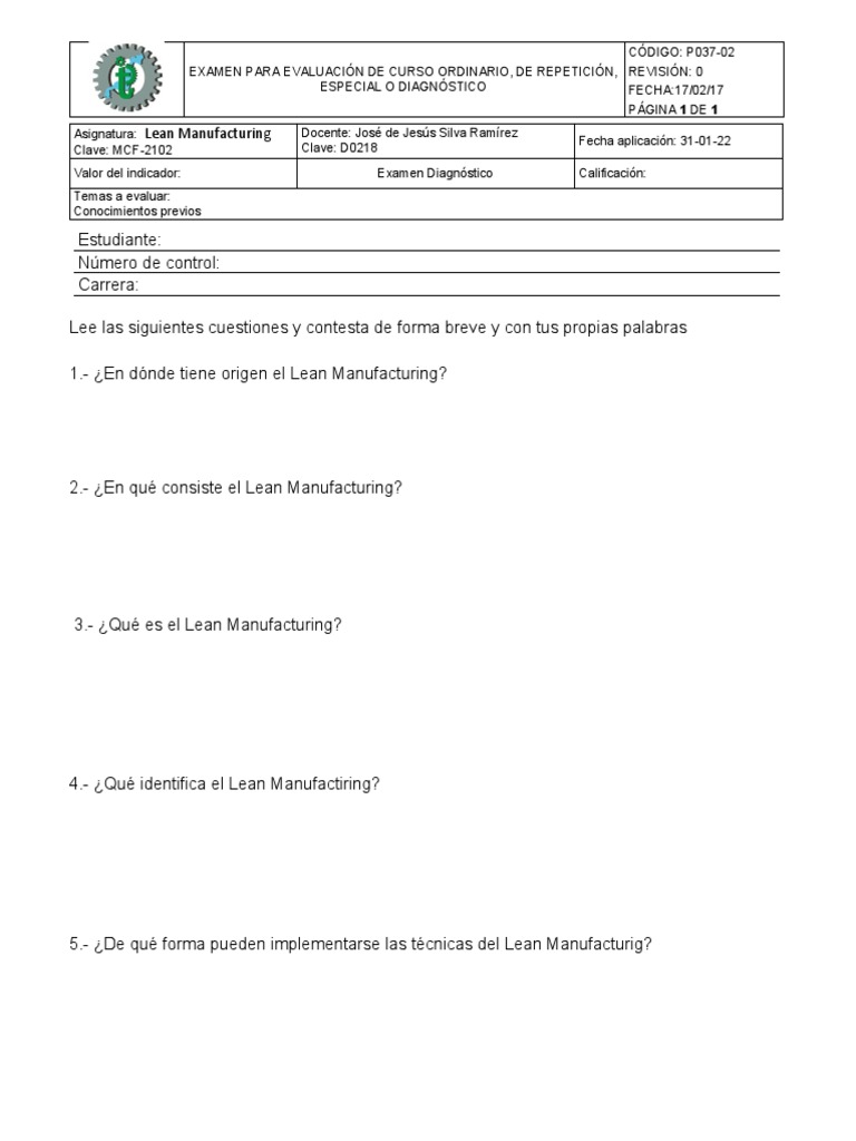 Examen Diagnostico Lean Manufacturing | PDF
