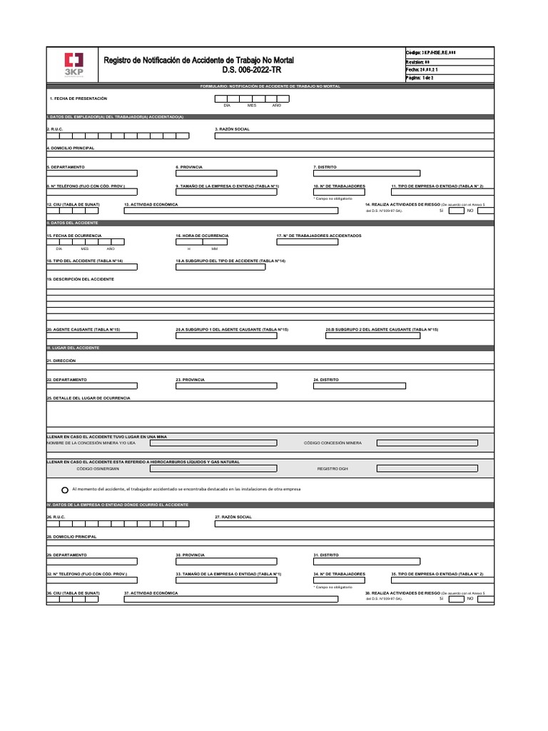 3KPHSE - Re.008 Notificación de Accidente de Trabajo No Mortal, D.S. 006-2022-TR | PDF