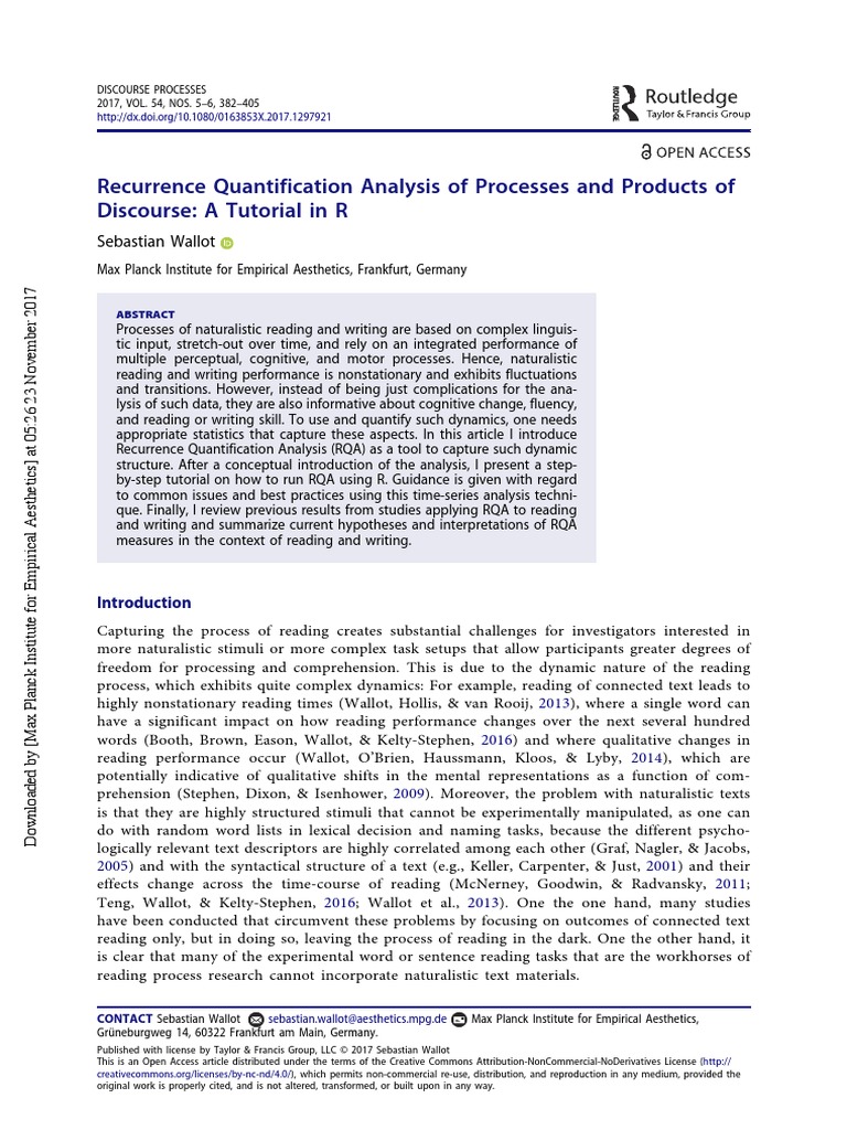 Recurrence Quantification Analysis Of Processes And Products Of Discourse A Tutorial In R Pdf