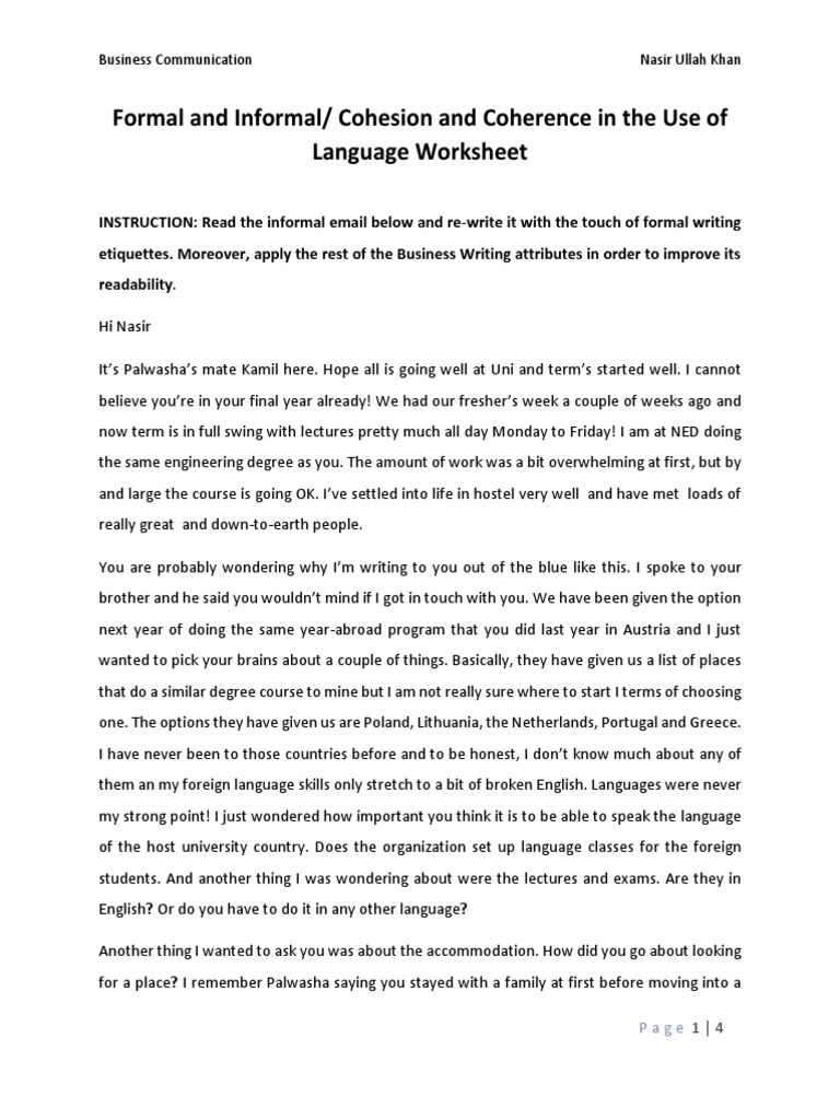 Formal and Informal Cohesion and Coherence Worksheet PDF | PDF