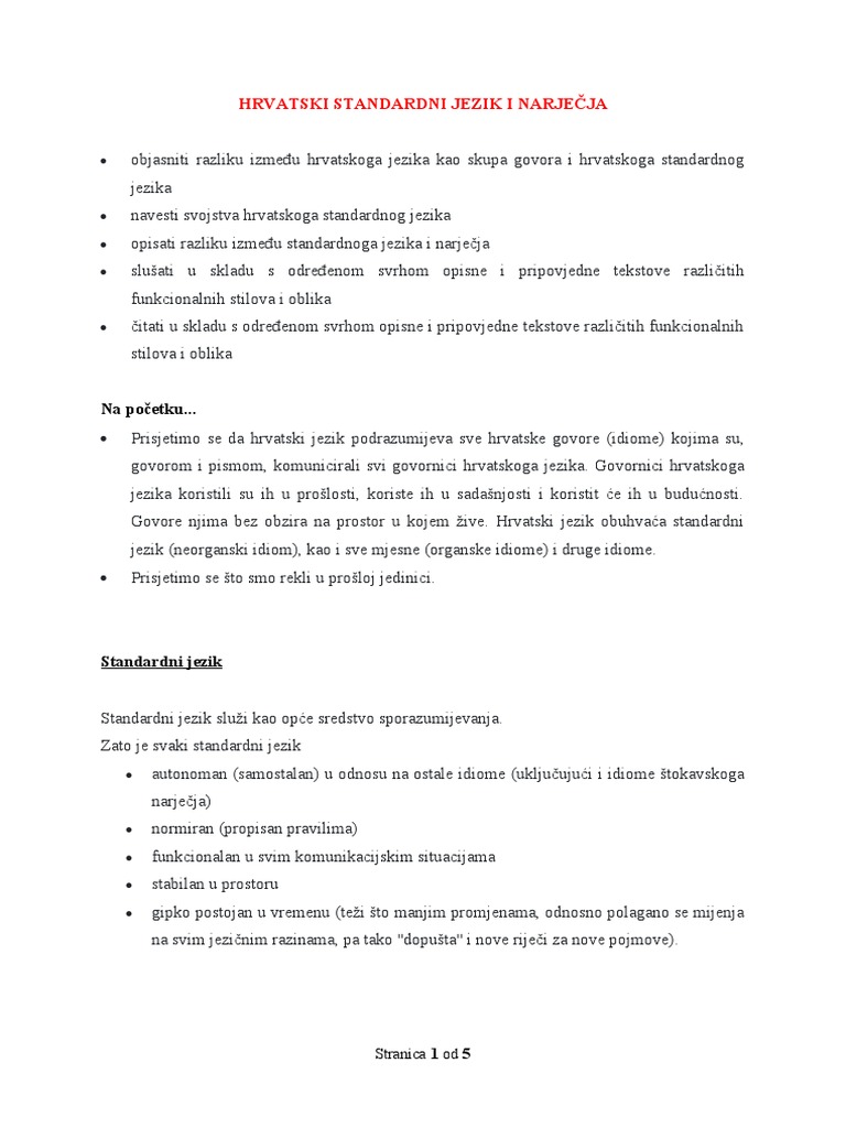 Hrvatski Standardni Jezik I Narjecja | PDF