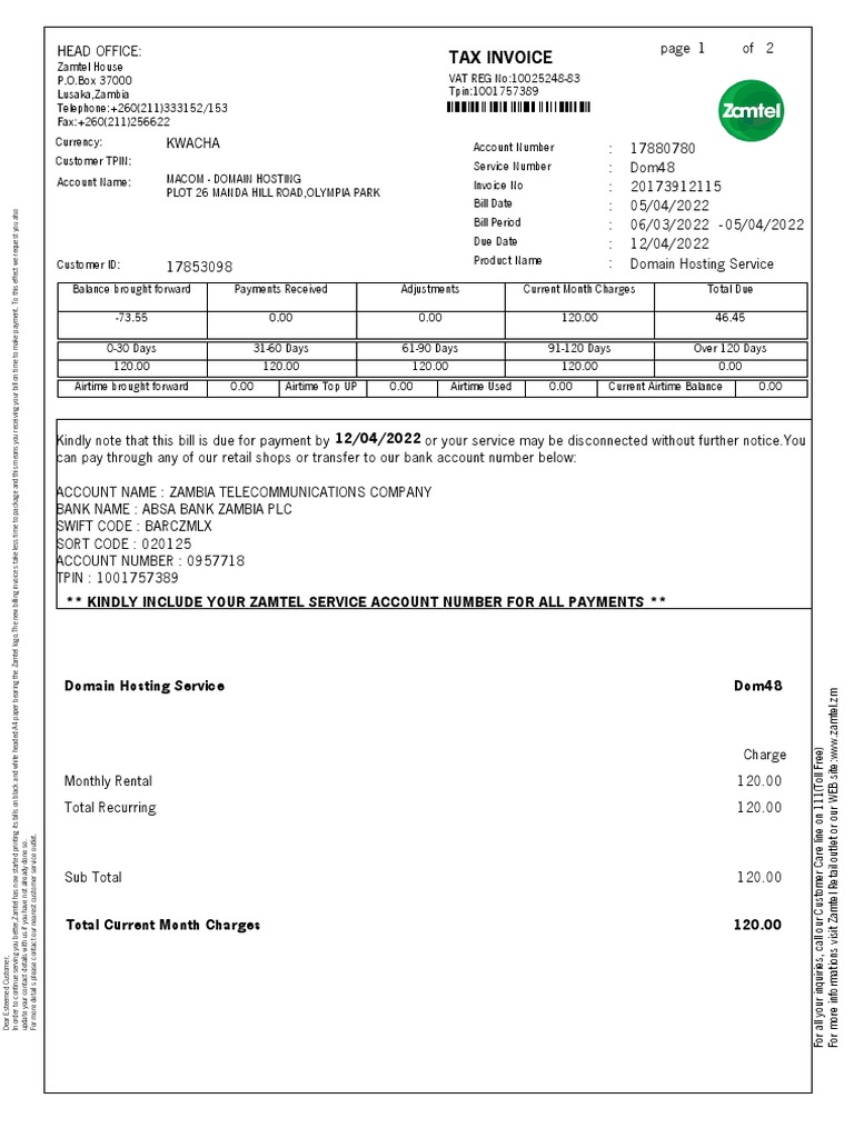 Zamtel Invoice | PDF