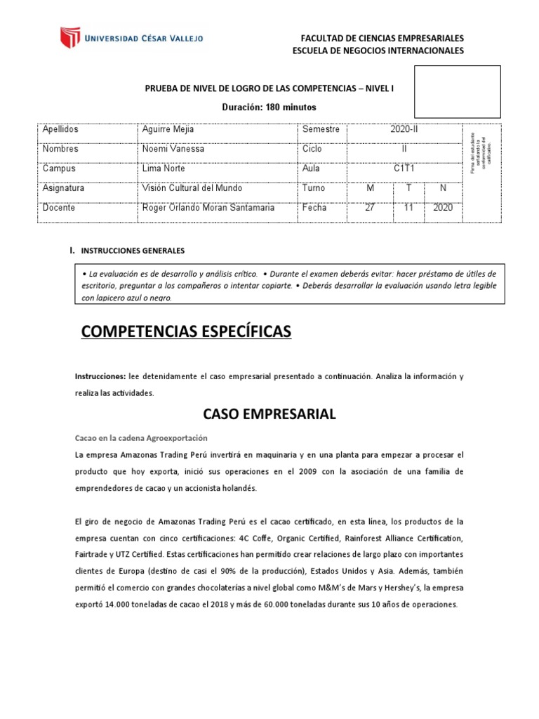 Prueba de Nivel de Logro de Competencias-Nivel 1 IV-2020-II | PDF | Perú | Business