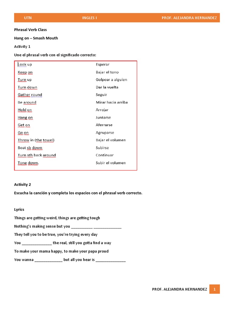 Hang On Phrasal Verbs Song Students | PDF