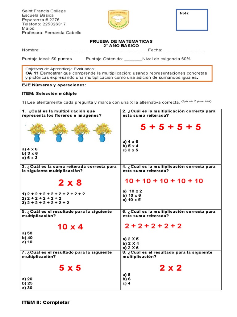 Prueba Matematicas Nov | PDF | Multiplicación | Matemáticas