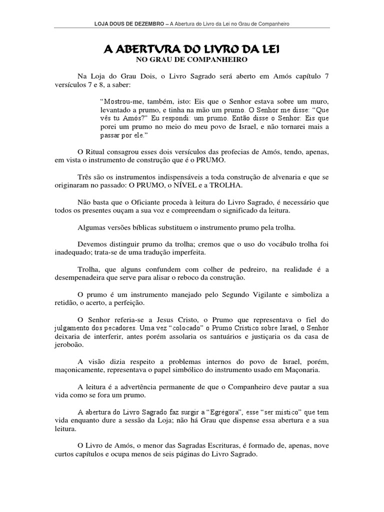 Abertura Do Livro Da Lei No Grau de Companheiro Maçom - Aristeu Augusto ...