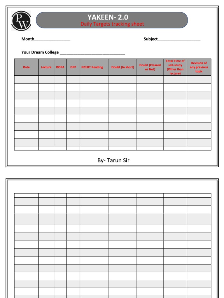 Daily Targets Tracking Sheet | PDF
