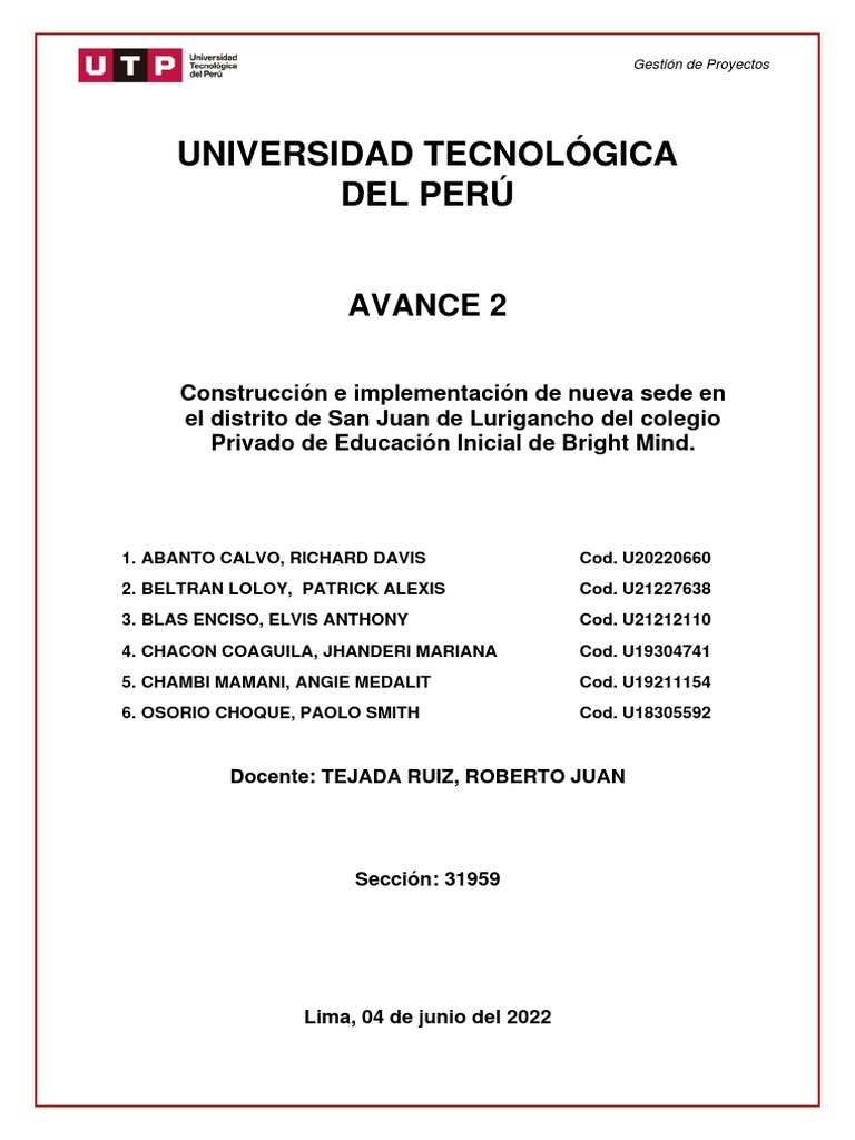 Avance2 Gestion de Proyectos | PDF | Calidad (comercial) | Gestión de proyectos