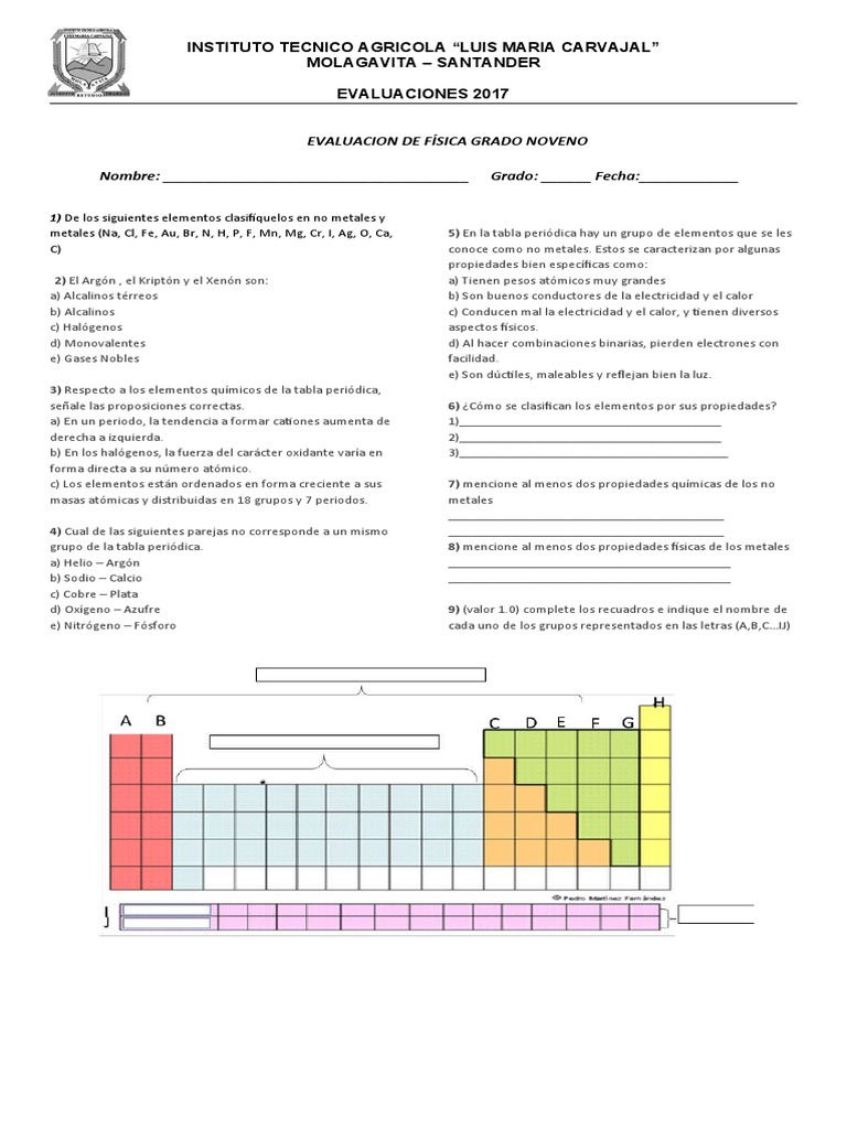 Evaluacion Tabla Periodica Pdf Elementos Químicos Tabla Periódica 0137