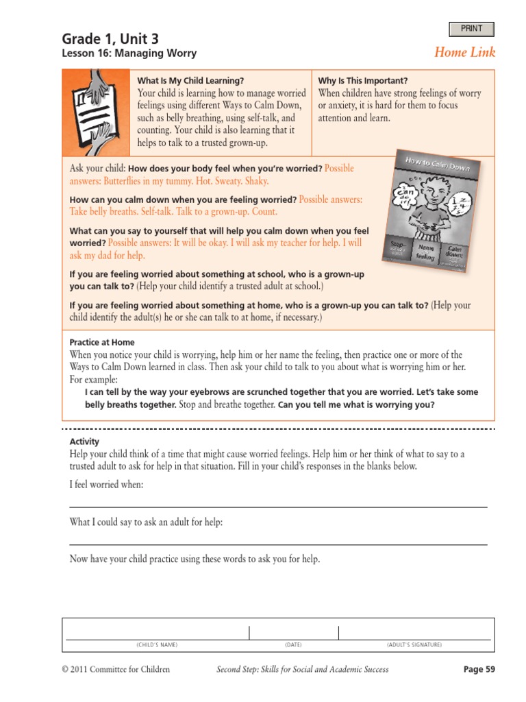 Sel 2nd Step Lesson 16 Managing Worry Homelink | PDF | Cognitive ...