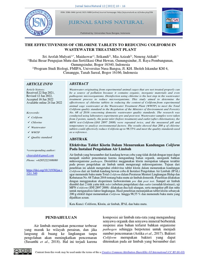 The Effectiveness of Chlorine Tablets To Reducing Coliform in ...