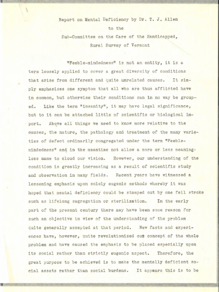 Report On Mental Deficiency Dr. T. J. Allen - Eugenics Survey of ...