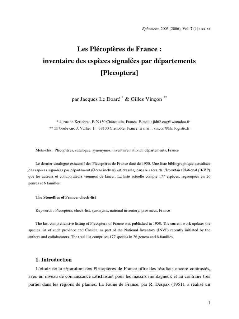 Inventaire des Plécoptères en France | PDF | Taxonomie | Biologie