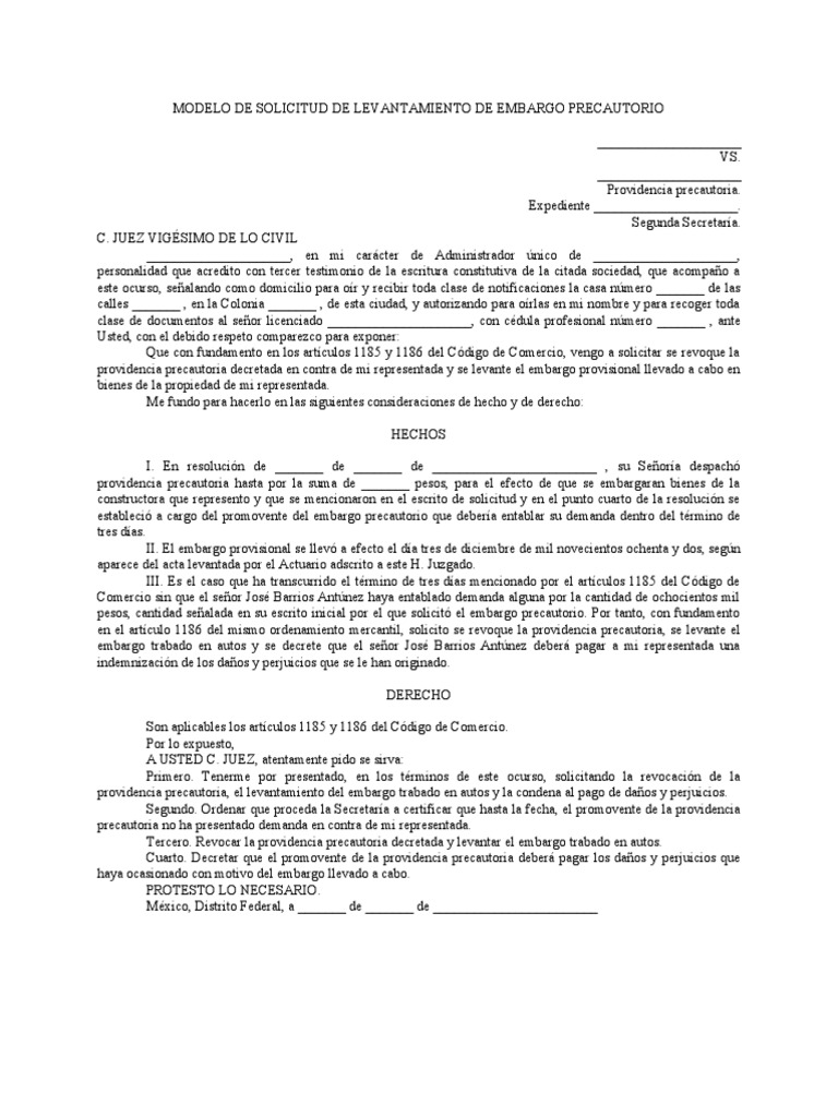 Modelo de Solicitud de Levantamiento de Embargo Precautorio | PDF ... Modelo de Solicitud de Levantamiento de Embargo Precautorio | PDF ...