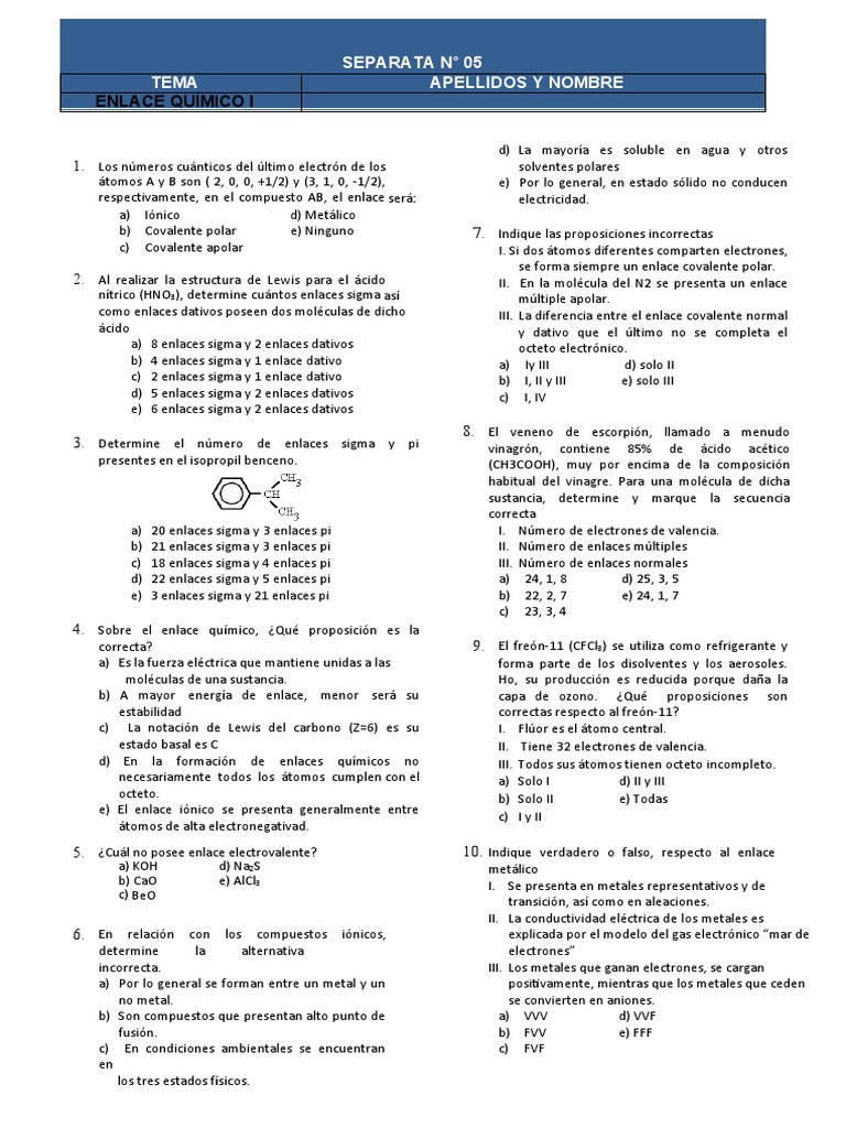 Separata N°5 - Enlace Químico | PDF | Enlace químico | Enlace covalente