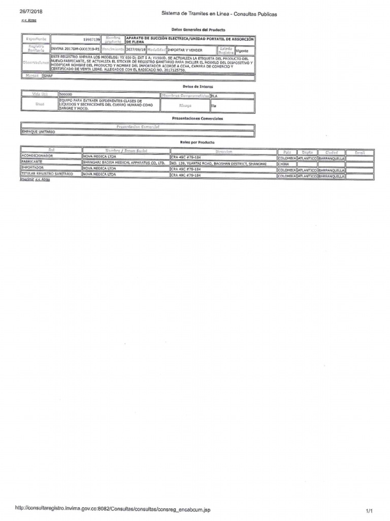 Registro INVIMA SUCCIONADOR | PDF