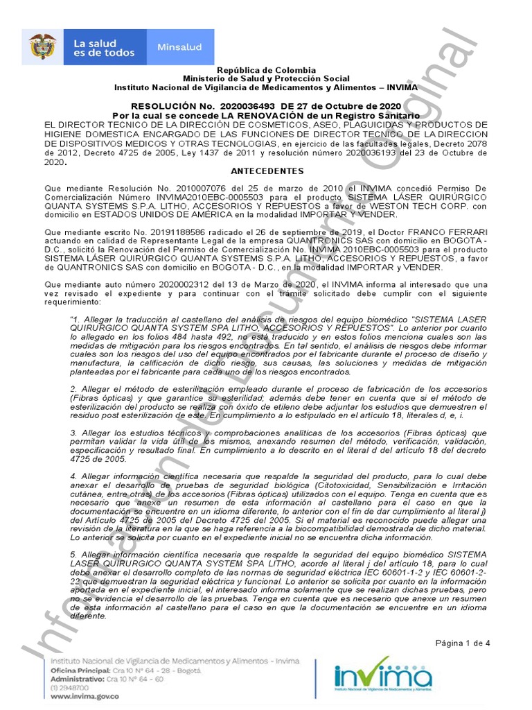 Registro Invima Laser Litho Dk30 Invima 2020ebc-0005503-R1 | PDF ...