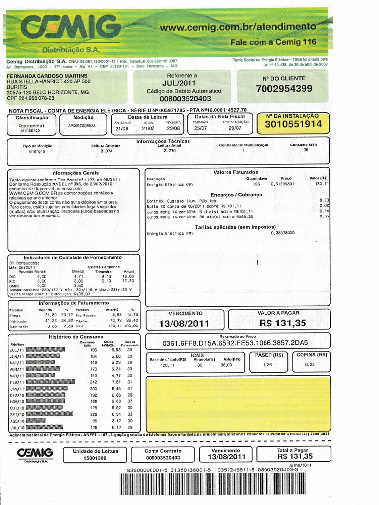 Conta Cemig - 2011 | PDF
