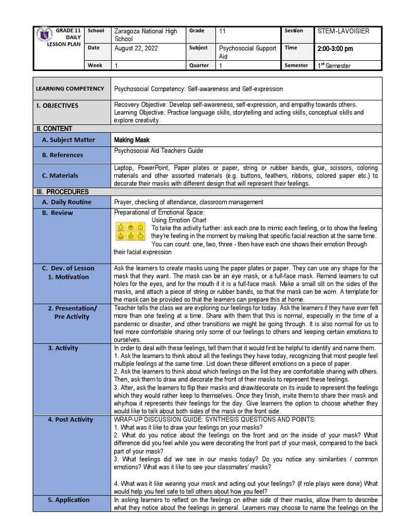 DLL-1ST WEEK Psychosocial | PDF | Lesson Plan | Feeling