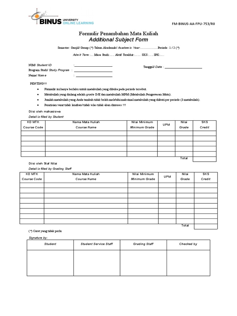 Form Penambahan Mata Kuliah - S1 Binus Online Learning | PDF