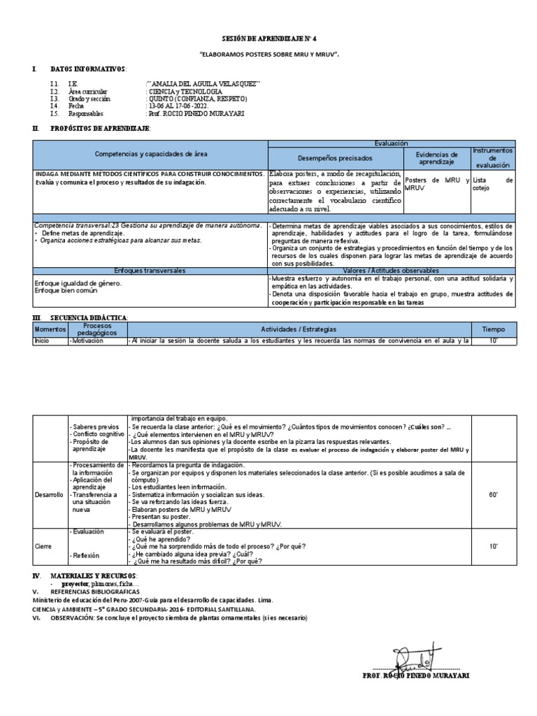Elaboramos posters sobre MRU y MRUV | PDF | Aprendizaje | Evaluación