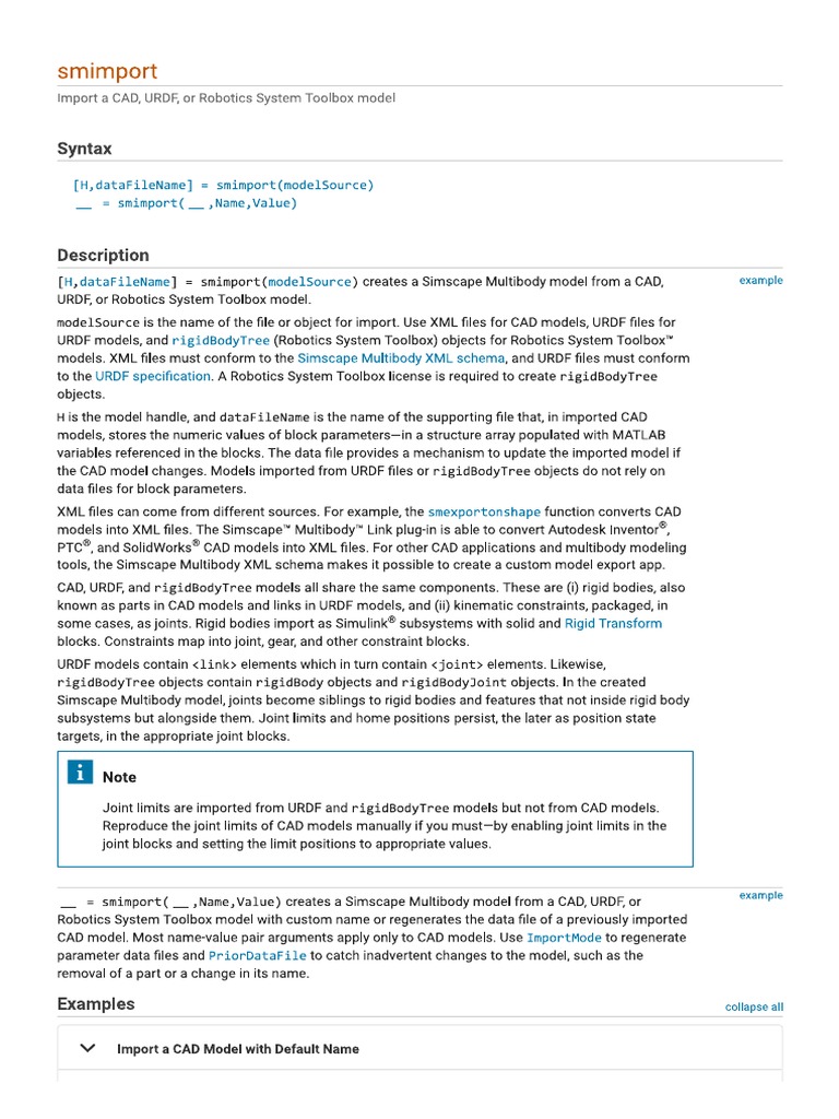 Import A CAD, URDF, or Robotics System Toolbox Model - MATLAB Smimport1 ...