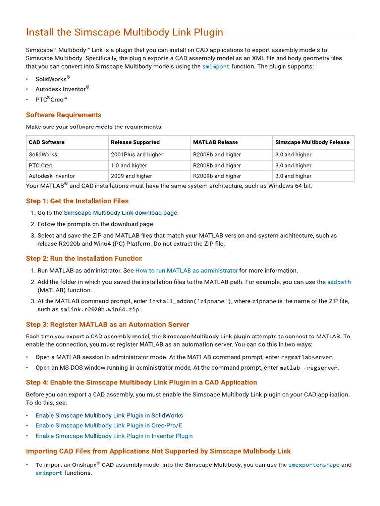 Install The Simscape Multibody Link Plugin - MATLAB & Simulink | PDF