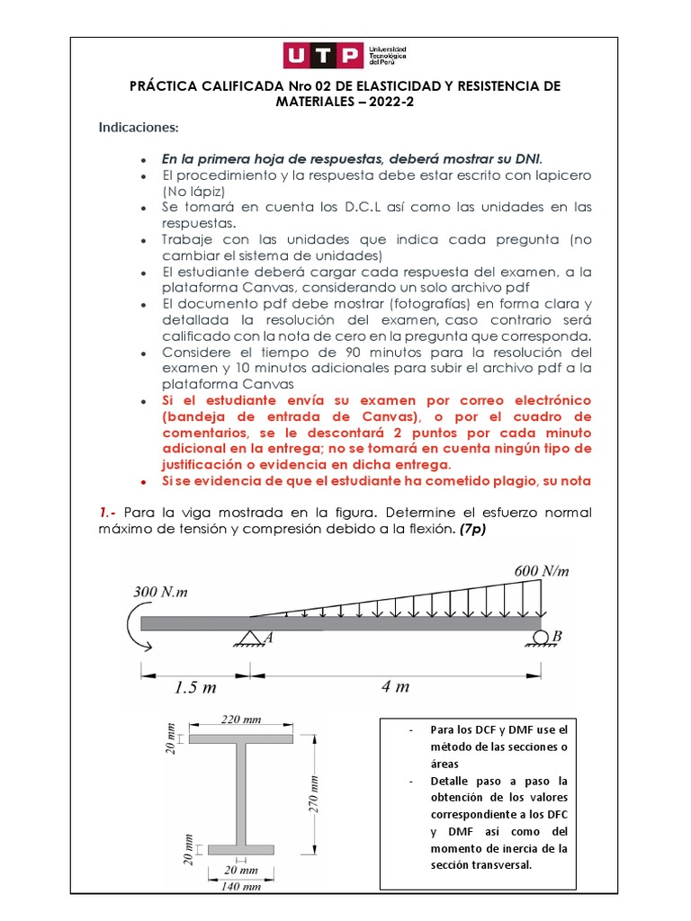 Práctica Calificada Nro 02 de Elasticidad y Resistencia de Materiales Pre | PDF | Viga ...
