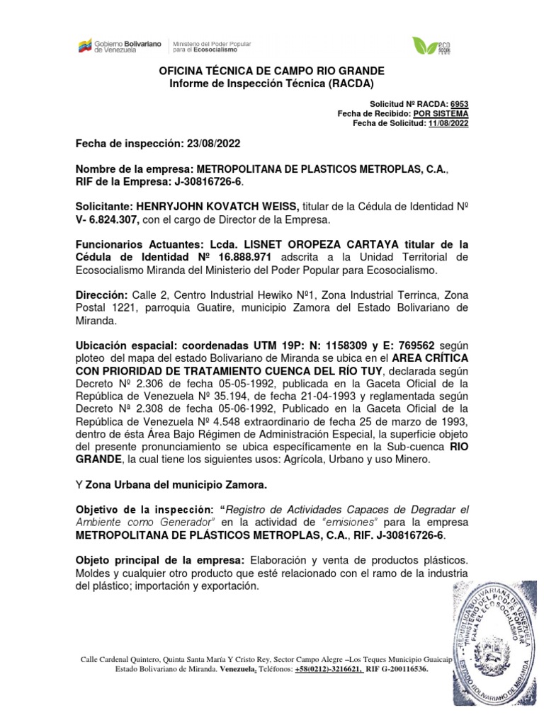 Informe de Inspeccion Tecnica Metroplas | PDF | El plastico | Residuos