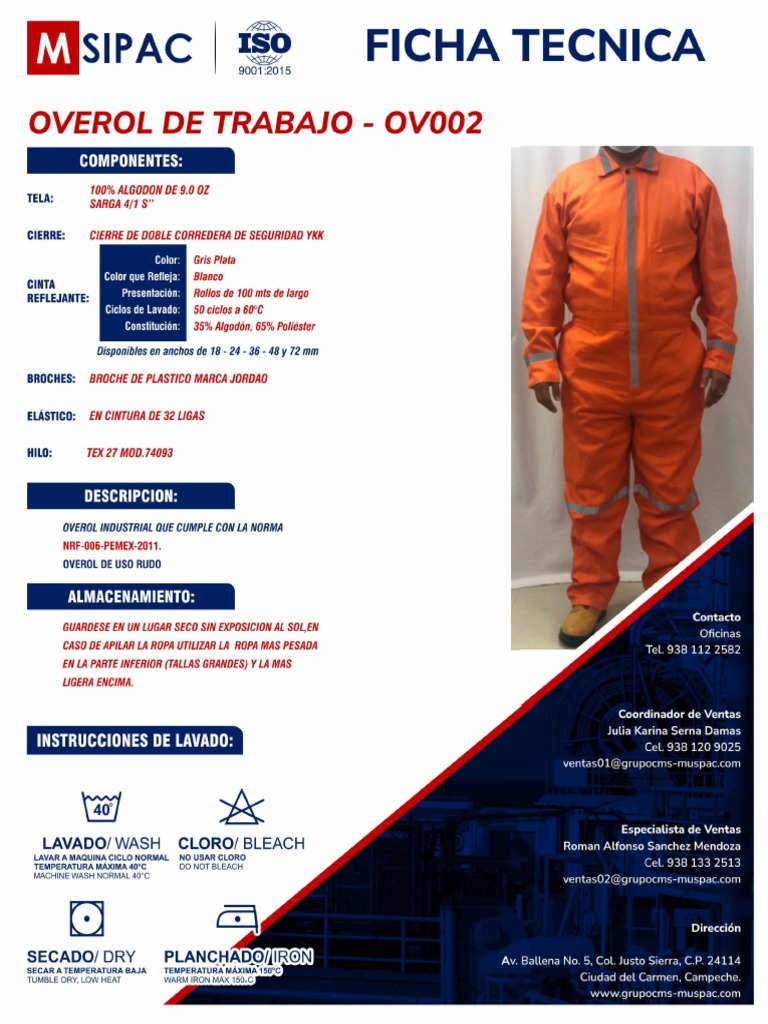 Msipac - Ficha Tecnica Overol | PDF | Materiales