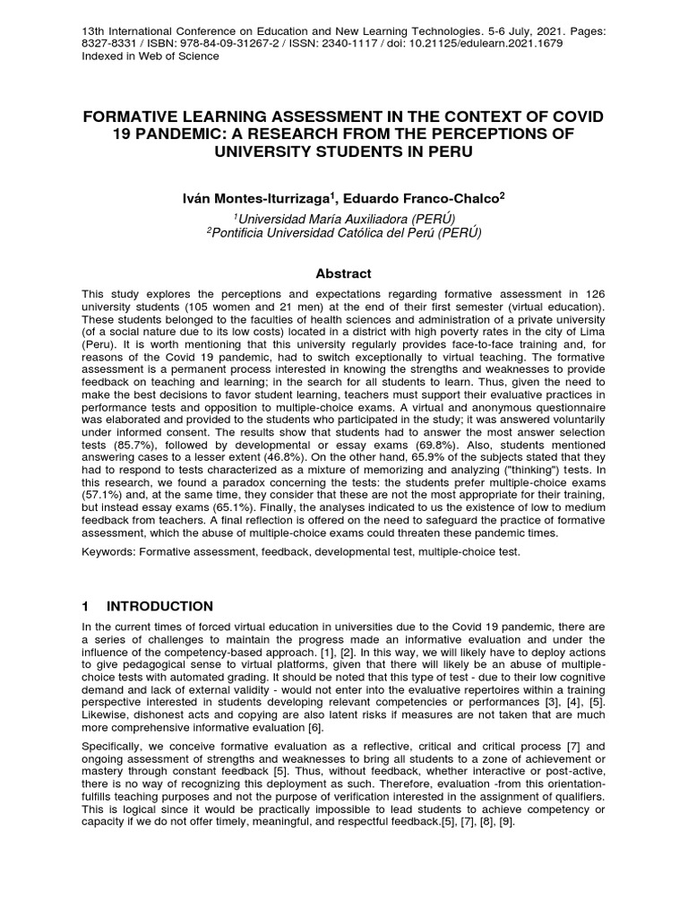 EDULEARN 2021 Paper Formative Learning Assessment Covid 19 Montes ...