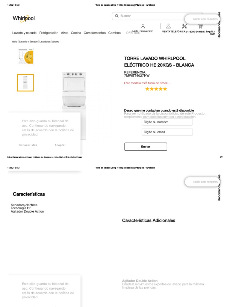 Torre de Lavado 20 KG - 10 KG Secadora - Whirlpool - Whirlpool | PDF | Secadora de ropa | Bienes ...