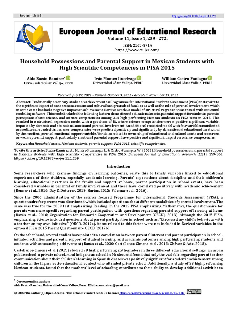 EUJER Household Possessions and Parental Support in Mexican Students With 2021 | PDF | Programme ...