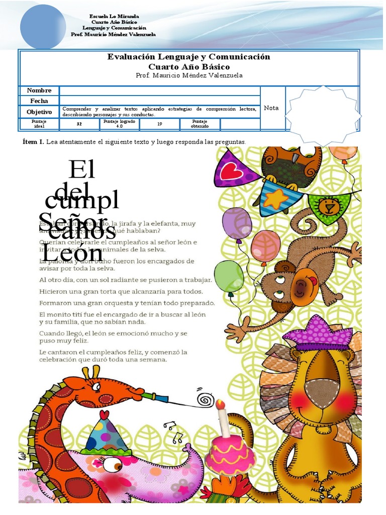 Prueba Lenguaje Sujeto y Predicado | PDF | Cumpleaños | Ciencia cognitiva