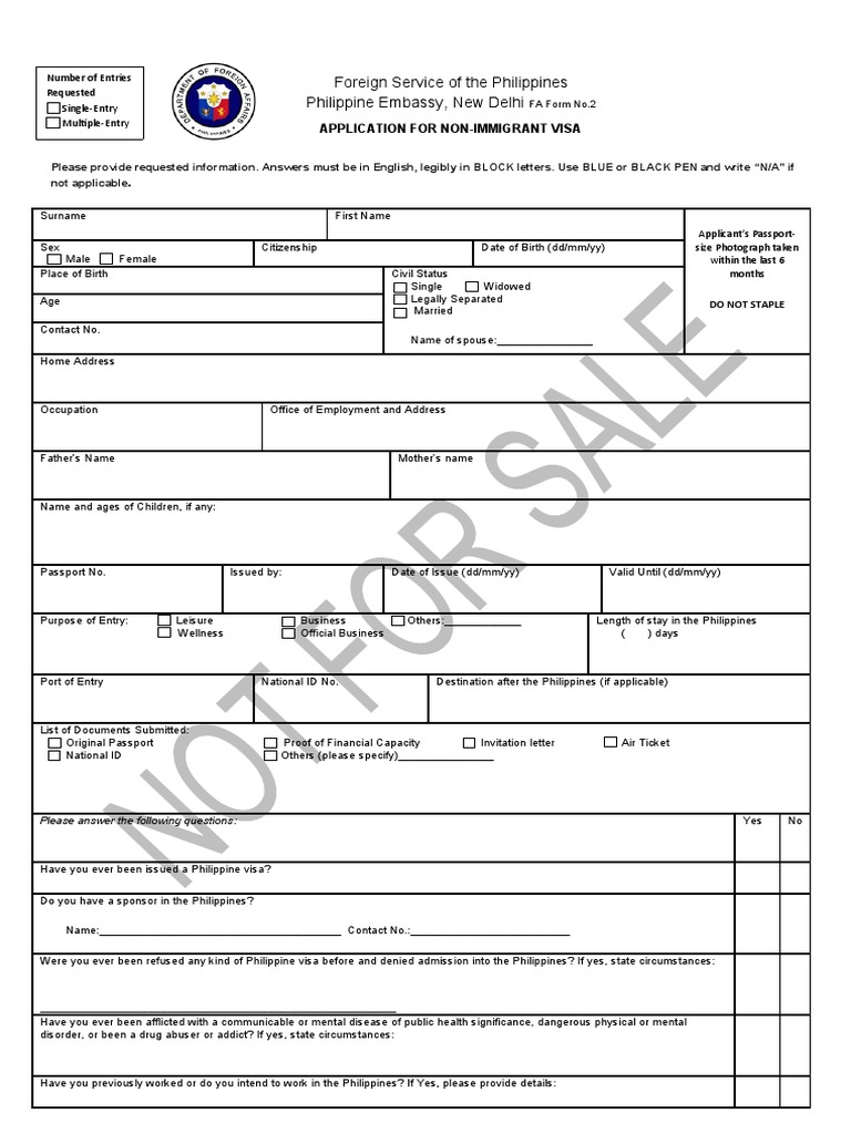 Philippine Non-Immigrant Visa Application | PDF