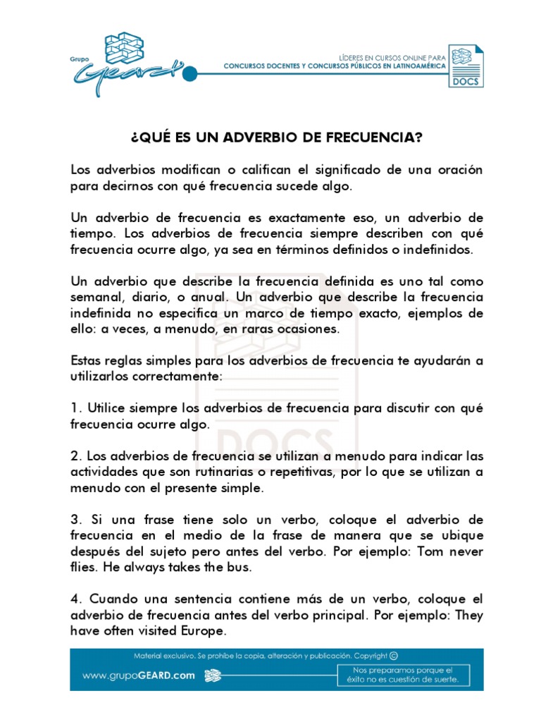 Documento - Qué Es Un Adverbio de Frecuencia - EX23 | PDF | Adverbio ...