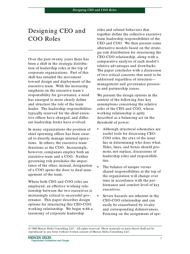 Mercer - CEO and COO Roles | PDF | Chief Executive Officer | Strategic ...