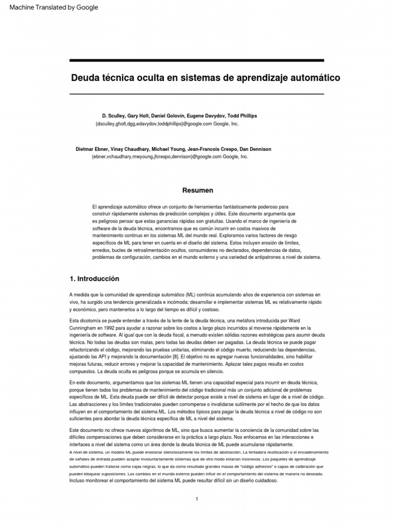 NIPS 2015 Hidden Technical Debt in Machine Learning Systems Paper | PDF ...