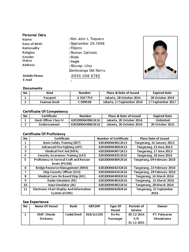 Personal data and sea service record of Kim John L Toquero | PDF ...