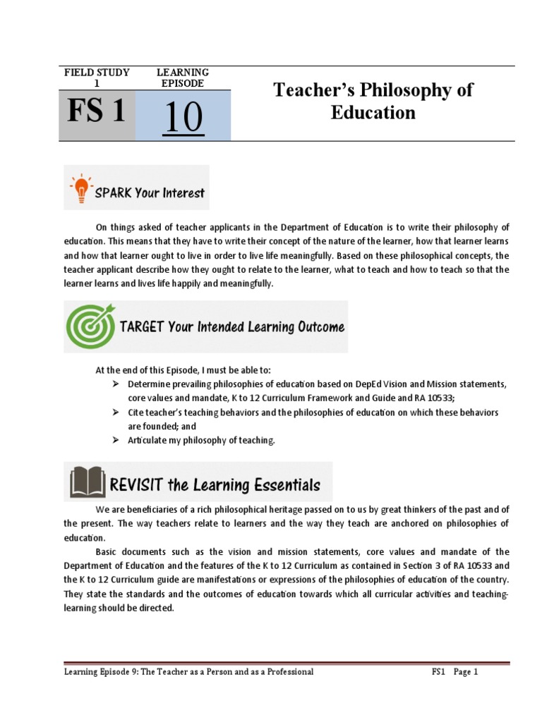FIELD-STUDY-1-E10.1-On Teacher's Philosophy of Education | PDF | Curriculum | Teaching Method
